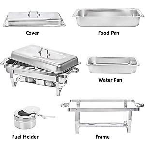 Fasmov Chafing Dish Buffet Set, 8 Quart Stainless Steel Catering Serve Chafer, Restaurant Food Warmer, Rectangular Buffet Stove with 2 Half Size Food Pans and Folding Frame