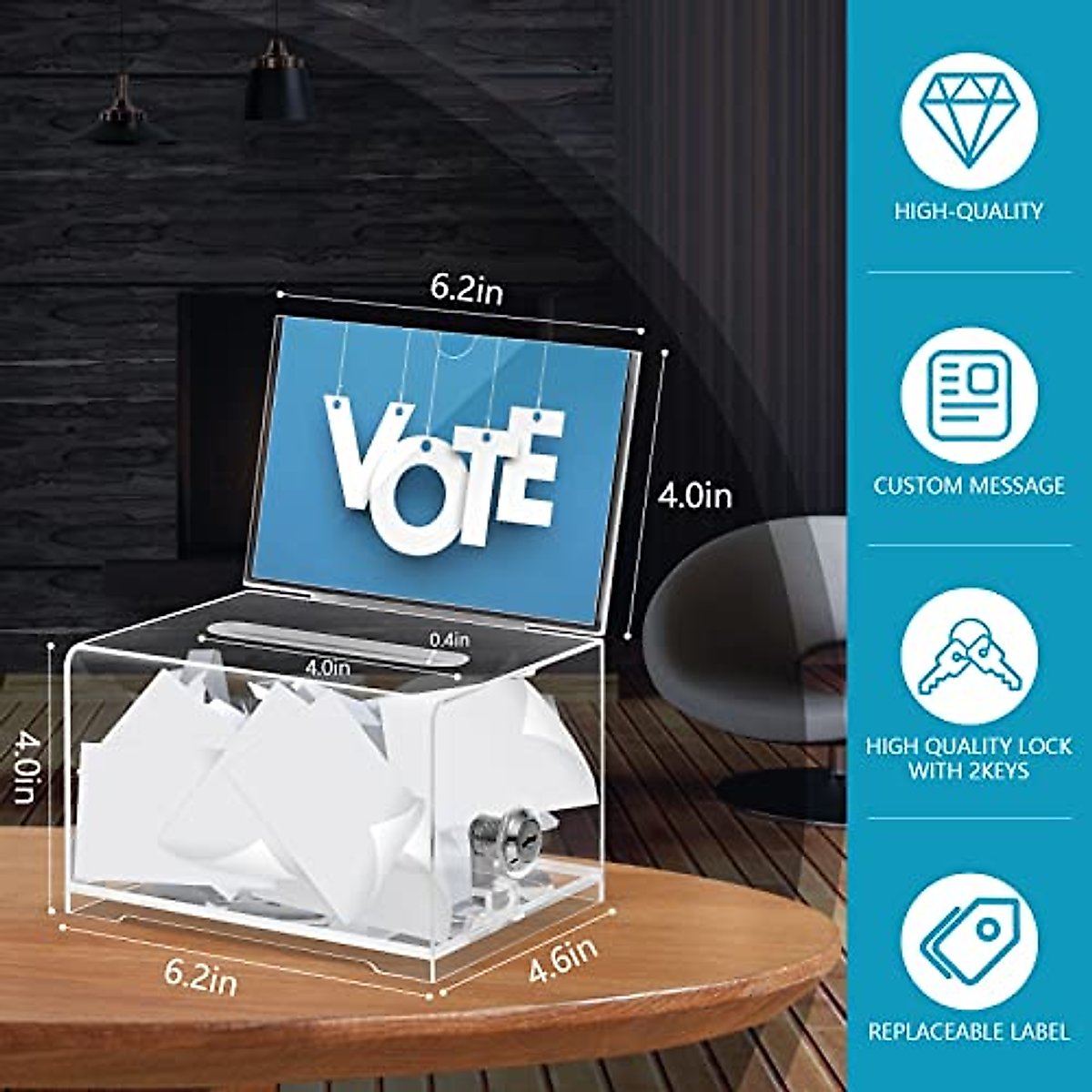 KYODOLED Clear Donation Box with Lock,Ballot Box with Sign Holder,Suggestion Box Storage Container for Voting, Raffle Box,Tip Jar 6.2" x 4.6" x 4.0"
