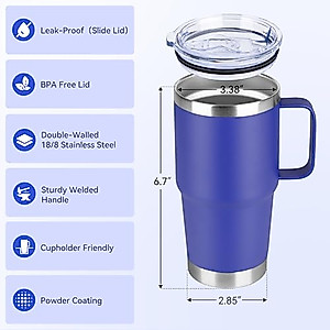 HASLE OUTFITTERS 20oz Tumbler with Handle & Lid, Insulated Stainless Steel Travel Mug, Leakproof Cup for Coffee, BPA-Free Double-Wall Vacuum Tumblers for Hot/Cold Drinks, Commuter, Gym, Office, Blue