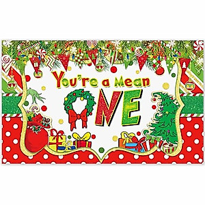Swepuck 72x43inch Fabric You're a Mean one Merry Grinchmas Backdrop Christmas Red and Green Photography Background Xmas Party Decorations for 1st Birthday Baby Photo Banner