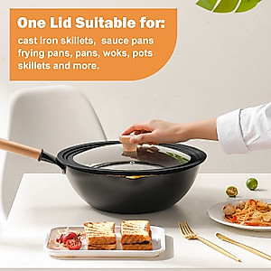 Wadaza Universal Lid for Pots and Pans - Tempered Glass Pan Lid with Wooden Knob, Dishwasher Safe Pot Lid, Fits 10, 11, 12 Inch Frying Pan Wok Skillet Cookware