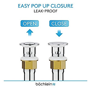 Bächlein Bathroom Sink Drain with Overflow - Chrome Pop Up Drain incl. 3 Extra Seals - German Brand