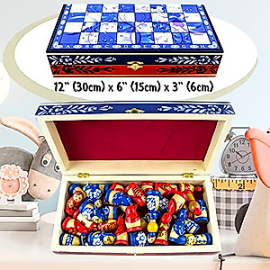 Russian Khokhloma vs Gzhel Themed Chess Set - Hand Painted Wooden Chess Pieces as Matryoshka Dolls - Souvenir Board Games for Adults - Chess Gifts