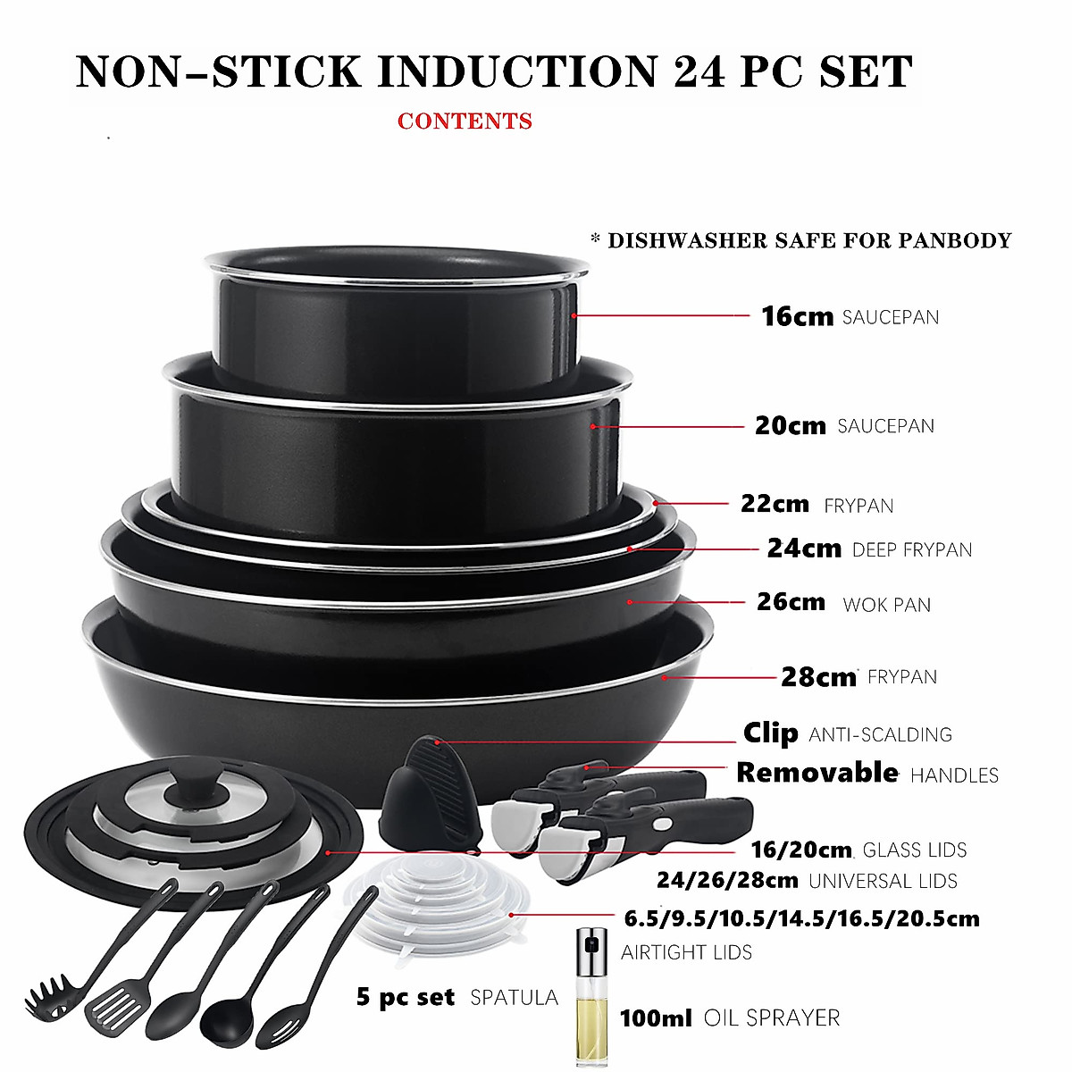 lzteck 24 Pieces Non-Stick Cookware Set with Oil Sprayer,Stackable Pans and Pots Set with Removable Handles, Space Efficient RVs and Camping,Oven,Induction,Gas,Electric & Stovetops,Dishwasher Safe