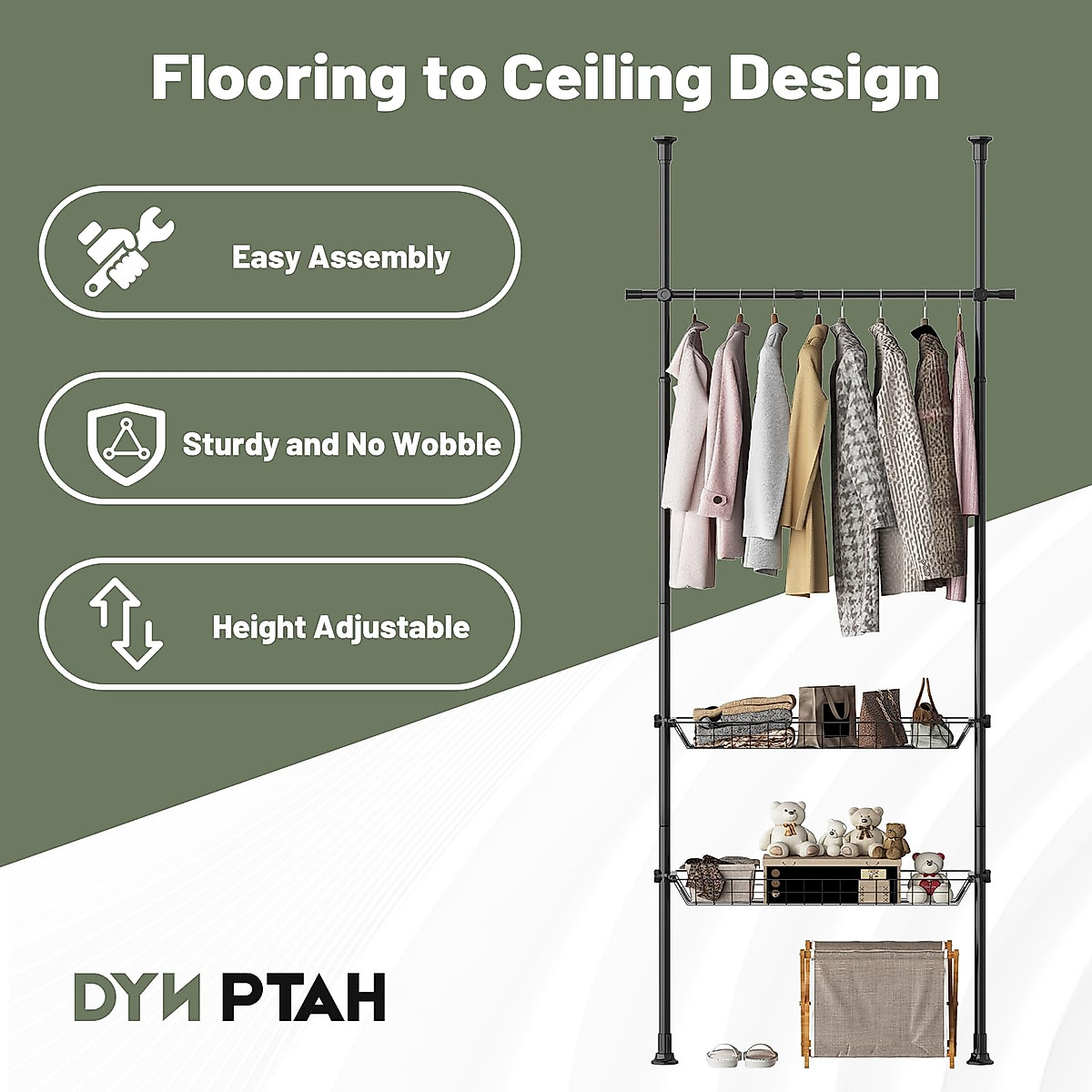 DYN Ptah Floor to Ceiling Adjustble Garment Rack, Free Standing Tension Rod Clothes Rack with 2 Storage Baskets, Heavy Duty Clothing Hanger Black