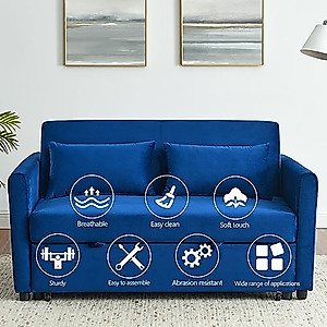 ERYE Modern Upholstered Futon Loveseat Convertible Sleeper Bed,2-Seaters Sofa & Couch Soft Cushions Love Seat Daybed for Small Space Living Room Sets Sofabed, Navy Velvet Bring Side Pockets, Pillows