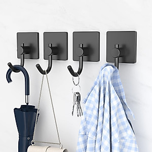 Self Adhesive Hooks,Heavy Duty Stick On Wall and Door Hooks for Hanging,Bathroom Towel Hooks and Kitchen Hallway Sticky Black Hooks,Coat Hooks Robe Hook Wall Mounted,Stainless Rustproof,4 Pack