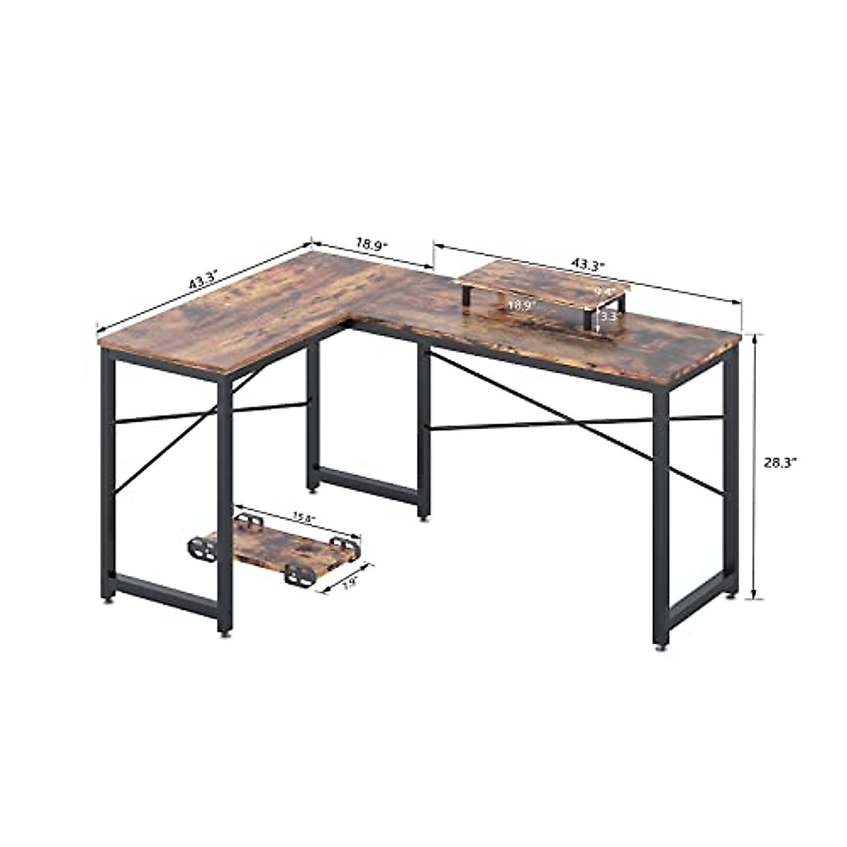 HEEYUE Computer Desk, L Shaped Desk with Large Desktop, Corner Table with Monitor Stand PC Laptop Table Computer Workstation for Home Office (Rustic Brown)