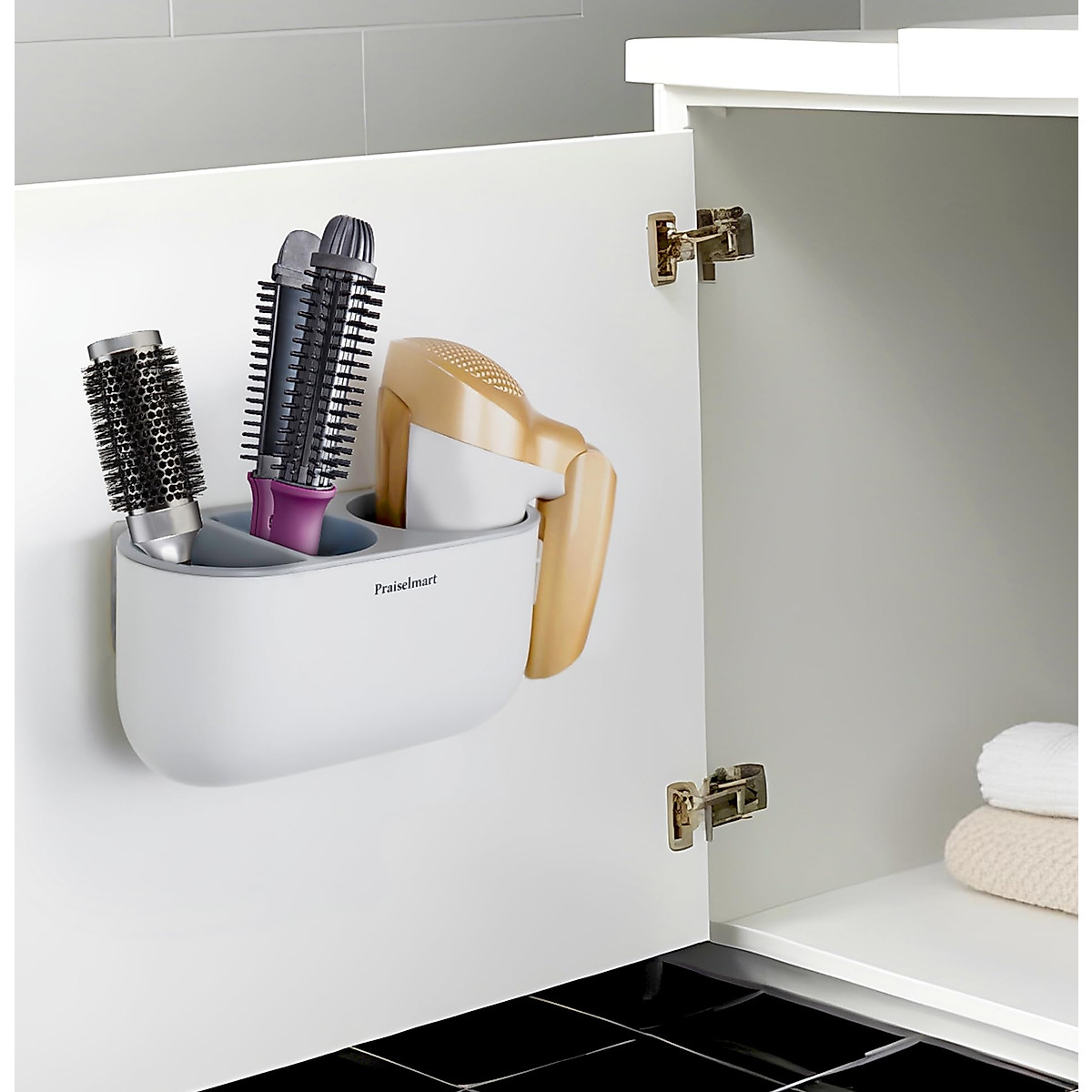 Praiselmart Hair Dryer Holder - Hair Dryer Organizer, Hair Dryer Holder Wall Mount, Under Sink Organize, Bathroom Organizers and Storage, Cabinet Organizer (Grey/White)