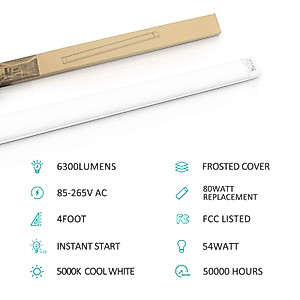 Flora Element 4FT LED Shop Light, 6000K Neutral White LED Light Tube 54W LED Office Light Fixture 6300LM Bright Ceiling Lighting for Garage Workshop Warehouse Factory Store Study Room, FCC Listed