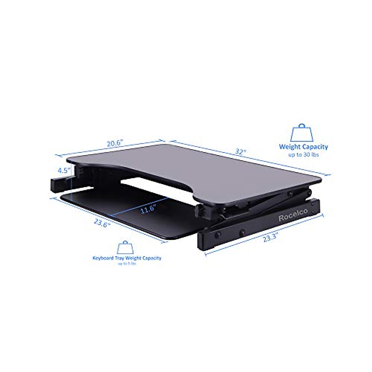 Rocelco 32" Height Adjustable Standing Desk Converter - Quick Sit Stand Up Dual Monitor Riser - Gas Spring Assist Tabletop Computer Workstation - Large Retractable Keyboard Tray - Black (R ADRB)