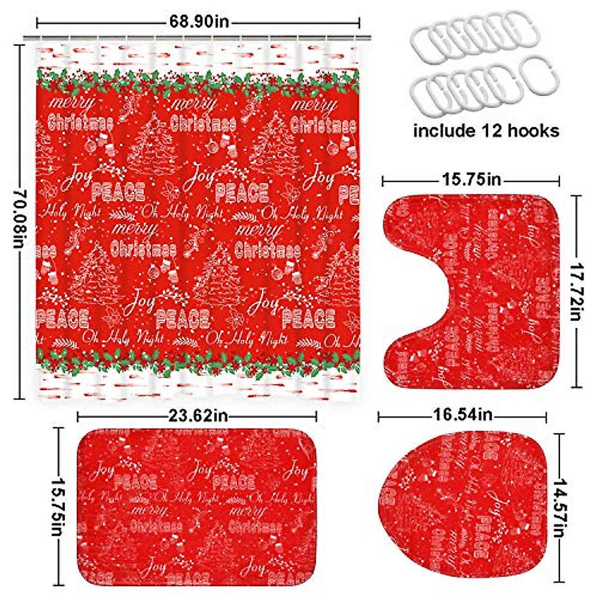 Alishomtll 4 Pcs Merry Christmas Shower Curtain Sets with Non-Slip Rugs, Toilet Lid Cover and Bath Mat, Christmas Tree Shower Curtain with 12 Hooks, Red Shower Curtain for Bathroom Decoration
