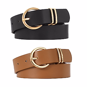 VONMELLI 2 Pack Women's Leather Belts for Jeans Pants Fashion Gold Buckle Ladies Belt Black Brown M