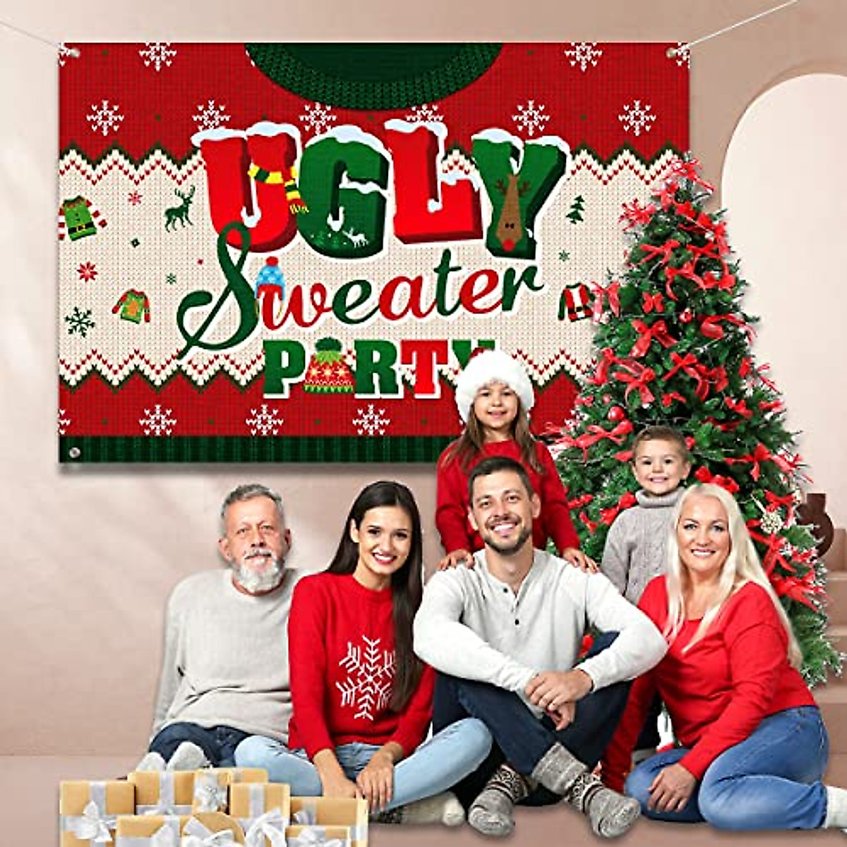 Ugly Christmas Sweater Party Decorations-Ugly Sweater Party Backdrop Supplies,5x3ft Vinyl Christmas Ugly Sweater Photo Prop Background Banner for 2022 Winter Christmas Holiday Supplies