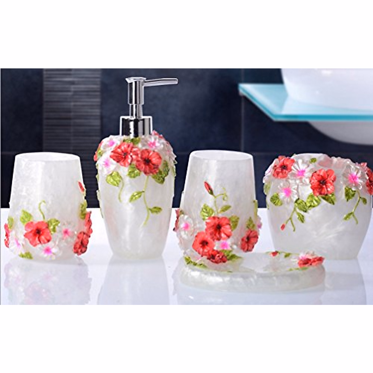 YIYIDA Country Style 3D Flowers Resin 5Pcs Bathroom Accessories Set Soap Dispenser/Toothbrush Holder/Tumbler/Soap Dish (White)