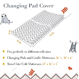 My Little Zone 100% Cotton Changing Pad Cover for Baby Boys and Girls, Chevron - Breathable Bassinet, Mini Crib Mattress Fitted Sheets - Little Sloth, 32"x16" with 8" Deep Pocket, White-Grey, 2 Pack