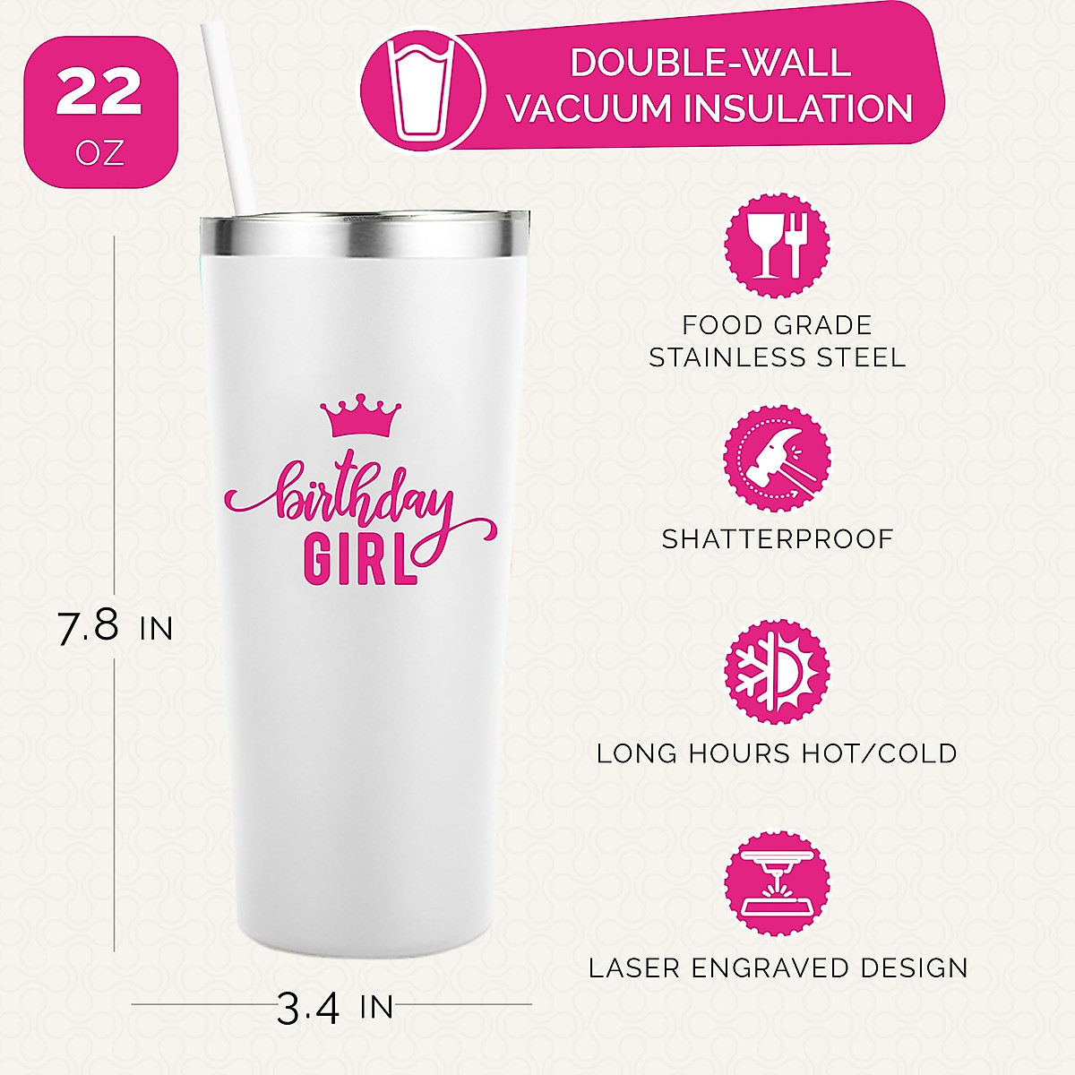 Your Dream Party Shop Birthday Girl Insulated Wine Tumbler - White Stainless Steel Cup for Women’s Celebrations - Birthday Tumbler For Women (22 oz)