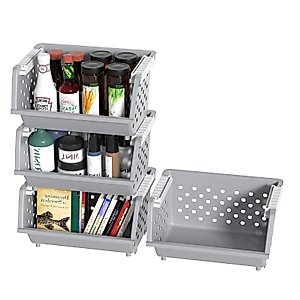 Wakikini Large Plastic Stackable Storage Baskets, Plastic Open Front Stacking Bins, Gray, 4 Packs