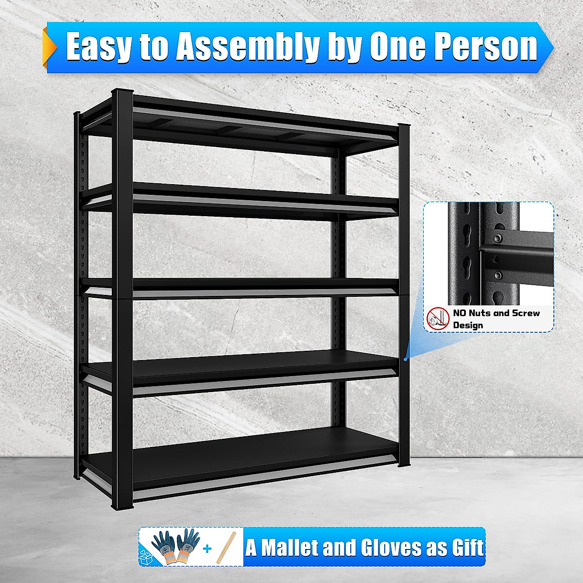 Rufokisa 48" W Garage Shelving Heavy Duty，2800LBS Loads Adjustable Garage Storage Shelves,5-Tier Metal Storage Racks and Shelving Units, Utility Rack Shelves,48”W x 18”D x 78”H,Black