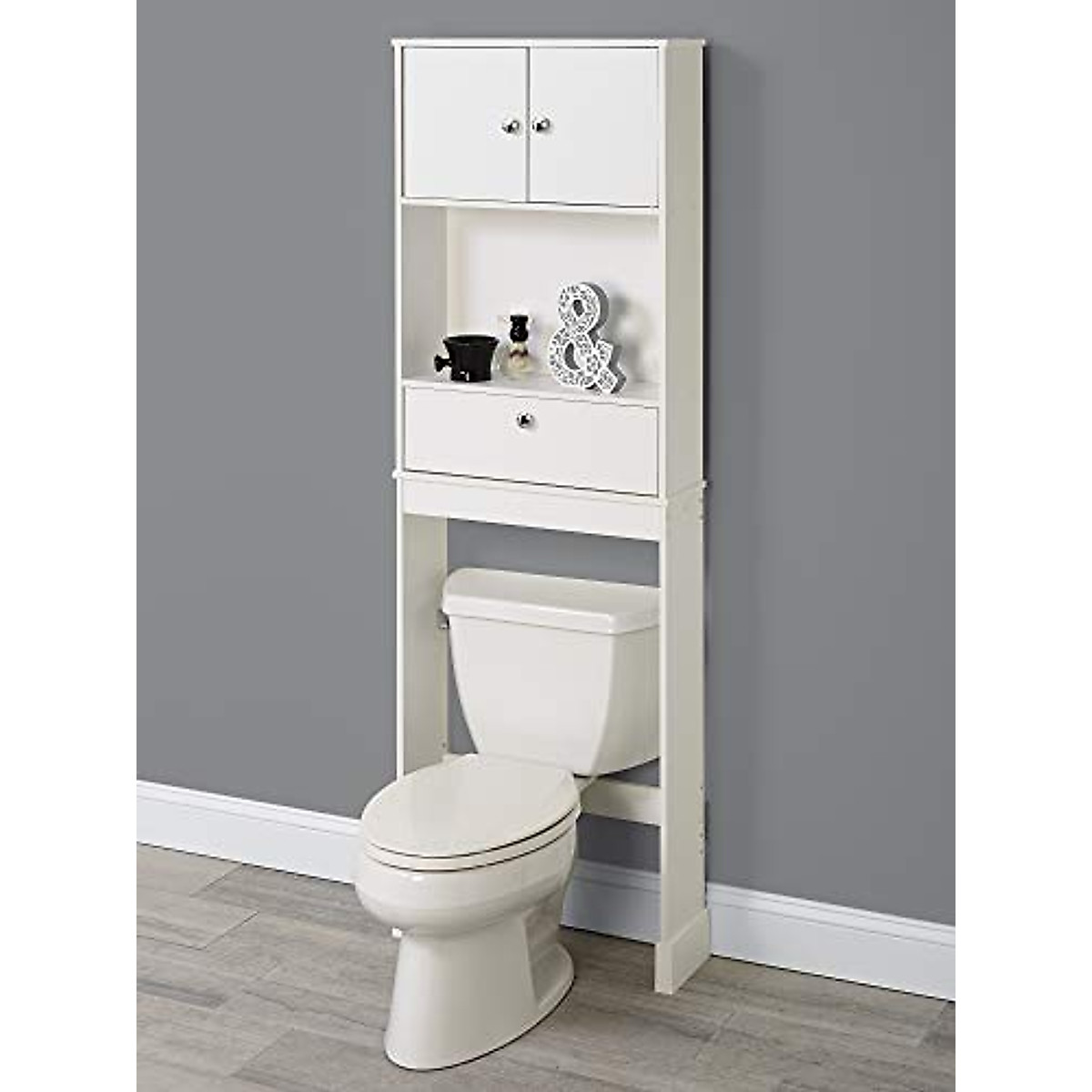 Zenna Home Drop Door Over-the-Toilet Bathroom Spacesaver, Bath-Storage Shelves with Leg Extensions, White