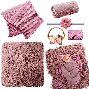 6 Pcs Newborn Photography Props Outfits Baby Photo Props Long Ripple Wraps Toddler Swaddle Blankets Photography Mat Headband Classic Outfits Infant Toddler Boys Girls Posing Props, 0-6 Months (White)