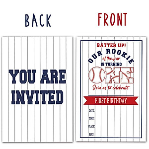 ukebobo 1st Birthday Party Invitations with Envelopes – First Birthday Batter Up Baseball Invitation, Baseball Party Invitations– 30 Cards With Envelopes