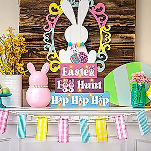 Easter Wooden Block Sign with Led Lights- Easter Egg Hunt Hop Hop Hop Light up Wood Sign for Table Mantle - Spring Easter Farmhouse Home Kitchen Battery Operated Wooden Sign Tabletop Tiered Tray Decor