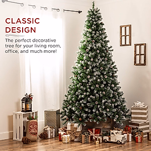 Best Choice Products 6ft Pre-Decorated Holiday Christmas Tree for Home, Office, Party Decoration w/ 1,000 PVC Branch Tips, Partially Flocked Design, Pine Cones, Metal Hinges & Base