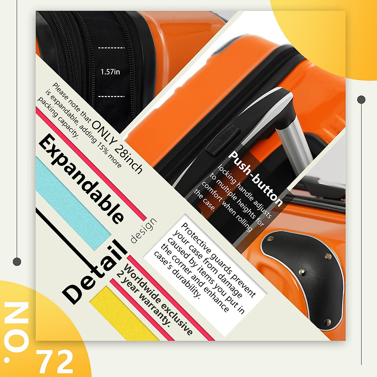 Coolife Luggage Expandable(only 28") Suitcase PC+ABS Spinner 20in 24in 28in Carry on (white grid new, L(28in))