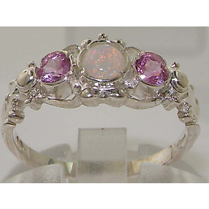 LetsBuyGold 925 Sterling Silver Natural Opal and Pink Tourmaline Vintage Anniversary Ring - Size 5.25
