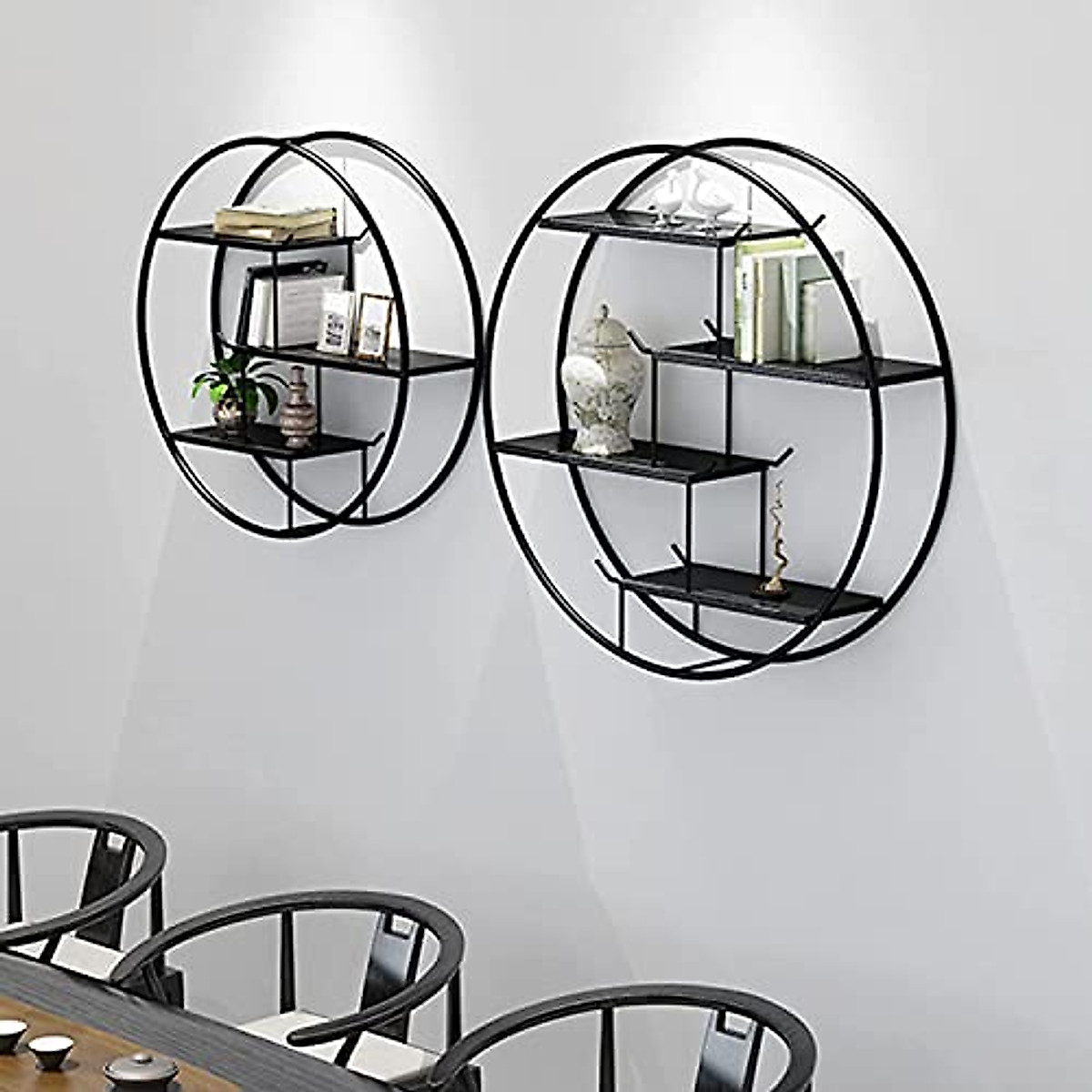 Bedroom Storage Shelf Multipurpose Wall-Mounted Decorative Shelf Metal Iron Round Display Stand/Floating Shelves Creative Living Room,Black,60cm