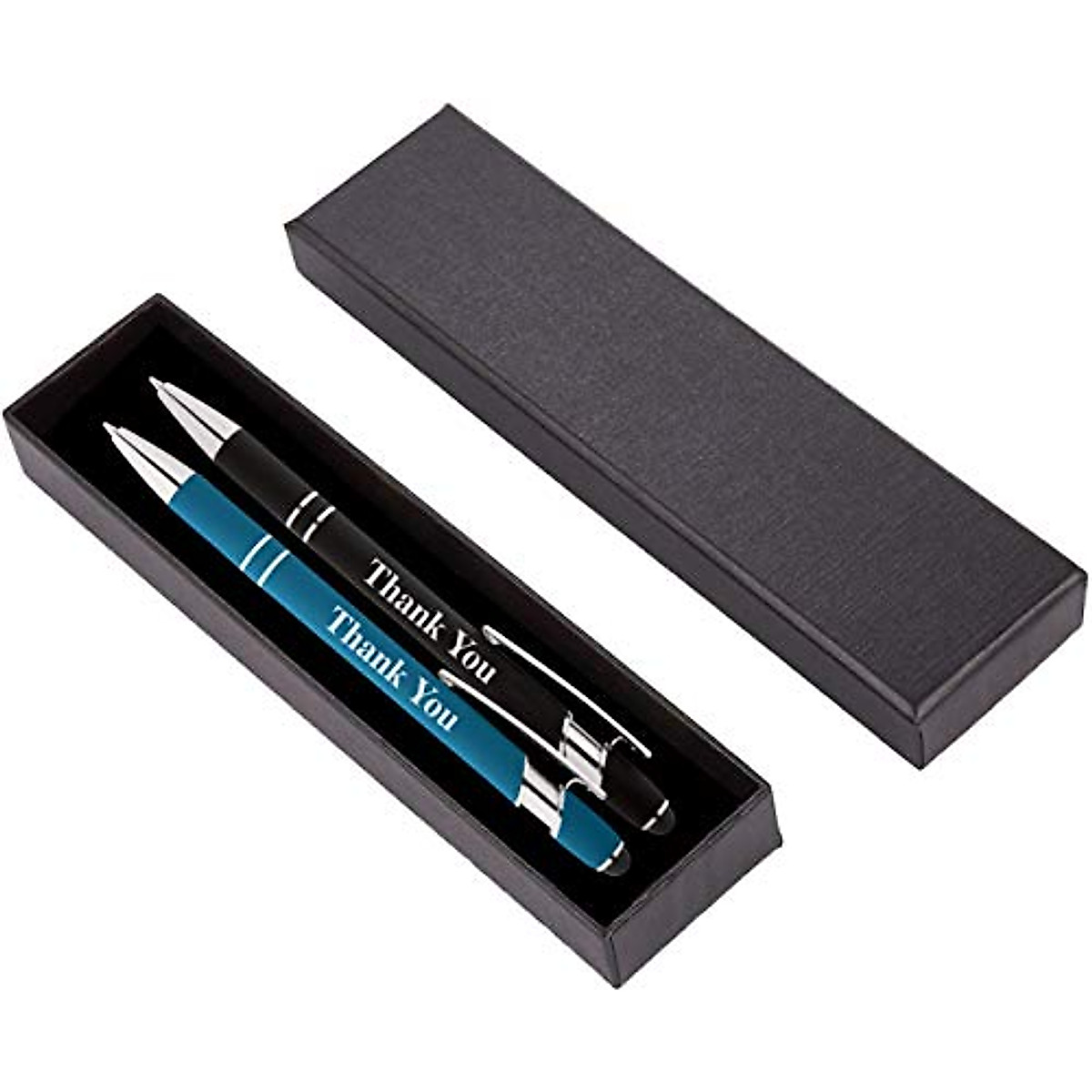 "Thank You" Premium Gift Stylus Pens Gift Set - 2 Pack of Soft Touch Metal Pens w/gift box - 2 in 1 Combo Pen for Events, Employee Appreciation & More (Black - Lt Blue)