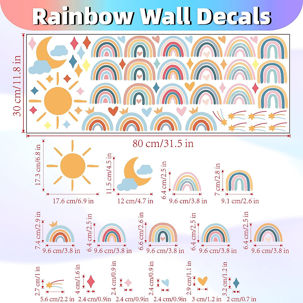 Rainbow Wall Decals Stickers Rainbow Wall Decor for Kids Room Little Girls Bedroom Nursery Playroom Daycare Classroom Parties Decoration (B)