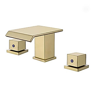 TapLong Solid Brass Modern Waterfall Bathroom Basin Faucet 3 Holes 2 Square Handles Brushed Gold Sink Faucet