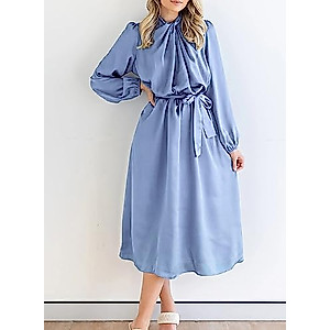 Dokotoo Women's Long Sleeve Satin Dresses Spring Mock Neck Keyhole Elastic High Waist Wedding Guest Evening Party Midi Dress Sky Blue Medium