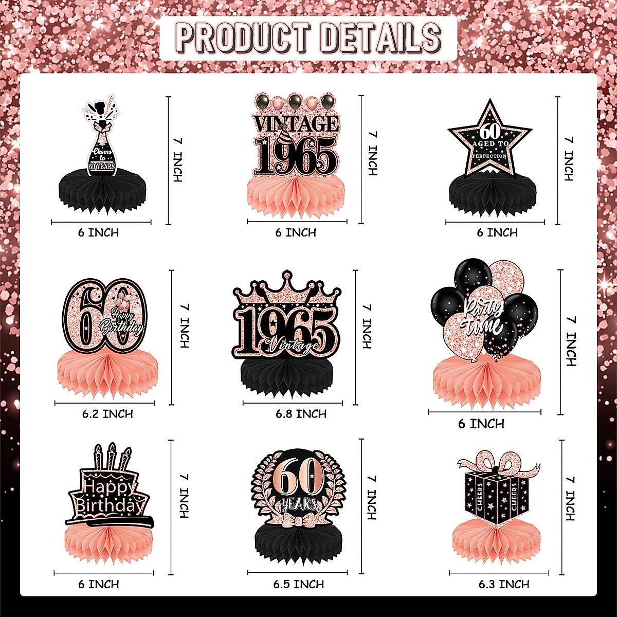 Refavor 60th Birthday Decorations Women - 9pcs 60th Birthday Decor Honeycomb Centerpieces Rose Gold Supplies 60th Birthday Party Decorations Pink Table Birthday Decorations Women