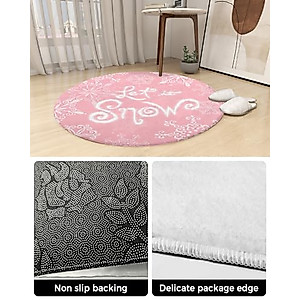 Pink Snowflake Fluffy Round Area Rug Carpets 3.3ft, Plush Shaggy Carpet Soft Circular Rugs, Non-Slip Fuzzy Accent Floor Mat for Living Room Bedroom Nursery Decor Merry Christmas Fantasy Winter Holiday