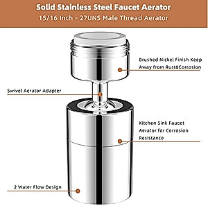 Sink Faucet Aerator, 360 ° Swivel Bathroom Faucet Aerator, Dual Function Kitchen Faucet Aerator,Big Angle High Pressure Large Flow Aerator,Polished Chrome-15/16 Inch-27UNS Male Thread