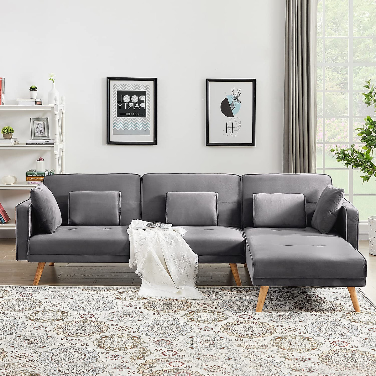 Eafurn L-Shaped Sectional Sofa with Adjustable Backrest and Chaise Lounge,3 Seat Upholstered Sleeper Futon Couch with Solid Wood Legs,Right Hand Facing Tufted Seater Sofa & Couch with 5 Pillows