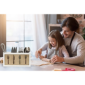 Wooden Kitchen Utensil Holder for Countertop, Rustic Utensil Organizer Cutlery Holder Flatware Silverware Organizer, Cooking Utensil Caddy Organizer with 4 Compartments for Spoons, Forks, Knives