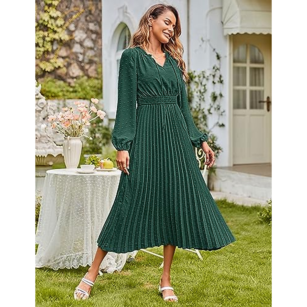 MEROKEETY Womens Elegant Long Lantern Sleeve V Neck Swiss Dot Ruffle Flowy Wedding Guest Dress,DarkGreen,M