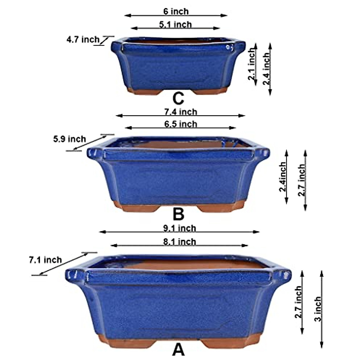 MUZHI 3 Pack Ceramic Rectangular Bonsai Tree Planter Pot Set 6”+7”+9”, Cactus Succulent Planter Blue Glazed with Mesh Hole Screens