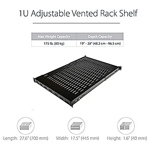 StarTech.com 1U Adjustable Vented Server Rack Mount Shelf - 175lbs - 19.5 to 38in Adjustable Mounting Depth Universal Tray for 19" AV/ Network Equipment Rack - 27.5in Deep , TAA (ADJSHELF)