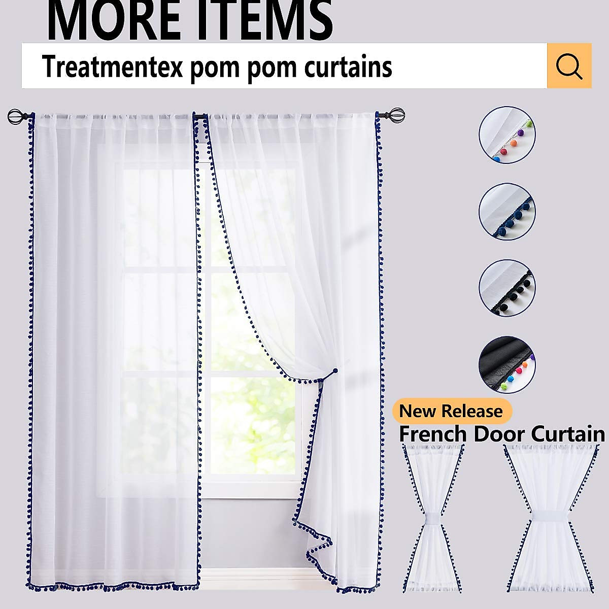 Treatmentex Grey Sheer Window Curtains for Living Room 95 inches Pom-Pom Canopy for Children Bedroom Rod Pocket 2Pack