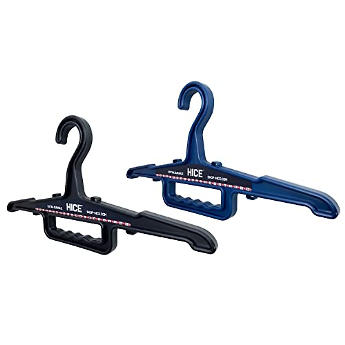 HICE Heavy Duty Hanger | Bundle of 2 | Clothes Hangers with s-Hooks | 150 lb Load Capacity | Durable High Impact Resin | Body Armor, Survival Equipment, Coats, Pants or Belts (Black and Navy Blue)