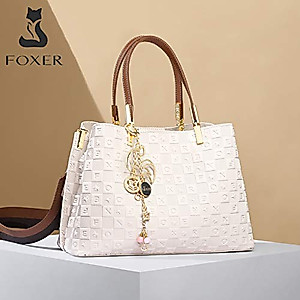 FOXER Leather Satchel Handbags for Women, Split Cowhide Alphabet Pattern Ladies Signature Top-handle Bag with Nylon Shoulder Strap Womens Fashion Purses and Handbags Women's Medium Tote (White)