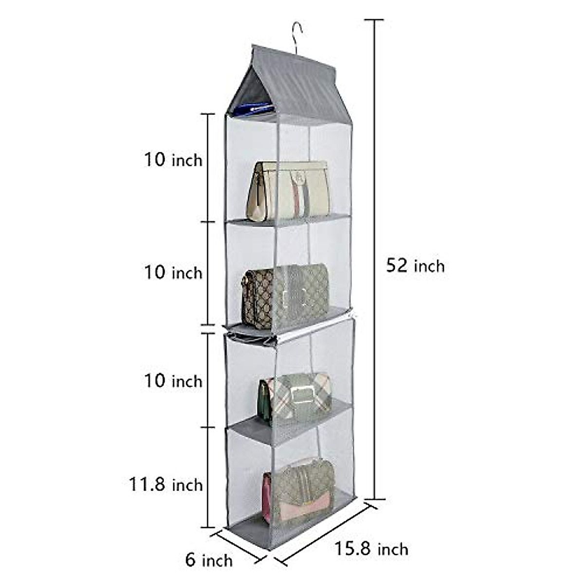 Jucoan 2 Pack Detachable Hanging Handbag Purse Organizer for Closet, Breathable Mesh Purse Storage Holder with 4 Large Mesh Shelves for Wardrobe Closet, 52”X 15.8”, Grey