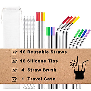 Reusable Stainless Steel Straws -16 Pack 10.5" & 8.5" Reusable Straws with 4 Straw Cleaner Brush and 16 Silicone Tips with 1 Travel Case, Eco Friendly Extra Long Metal Straws for 20 24 30 oz Tumbler