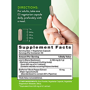 Lions Mane Mushroom Supplement | 2100mg | 50 Capsules | Plus BioPerine | Vegetarian, Non GMO & Gluten Free | by Nature's Truth