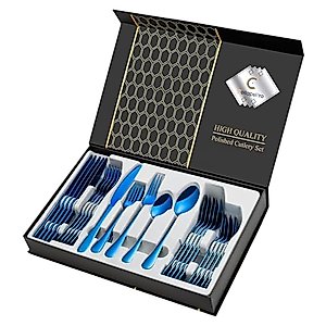 Blue Cutlery Set, 30 Pieces Silverware Set - Stainless Steel Flatware Sets for 6 - Mirror Polished Utensil Set, Essentials Eating Tableware Set for Home&Kitchen,Dishwasher Safe